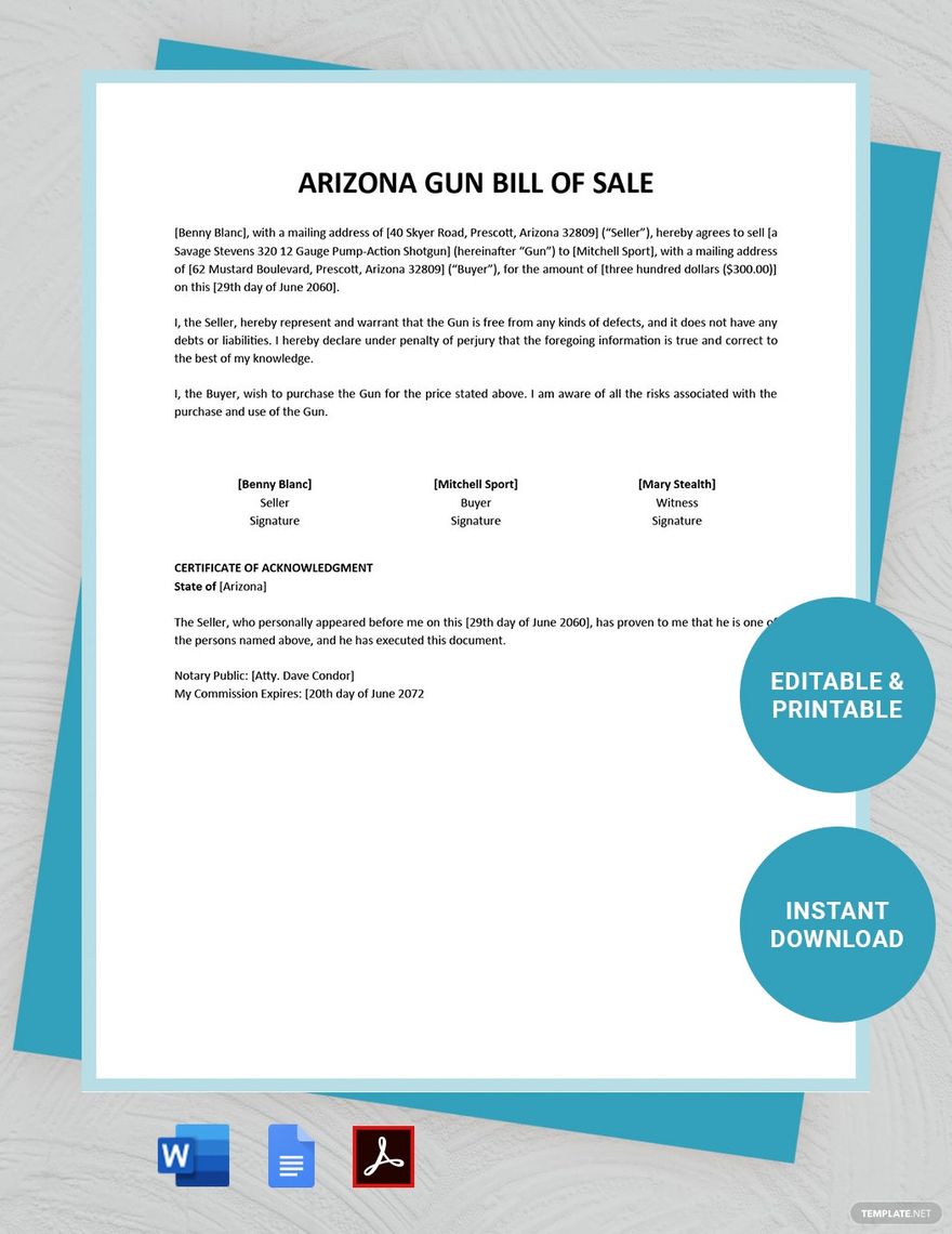 Arizona Firearm Gun Bill Of Sale Template Download In Word Google 