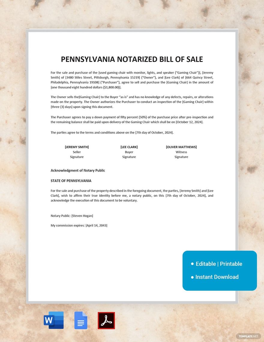 Pennsylvania Trailer Bill Of Sale Template Google Docs Word PDF Template