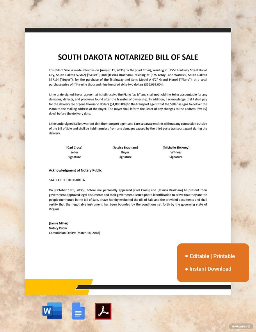South Dakota Notarized Bill Of Sale Template Download In Word Google 