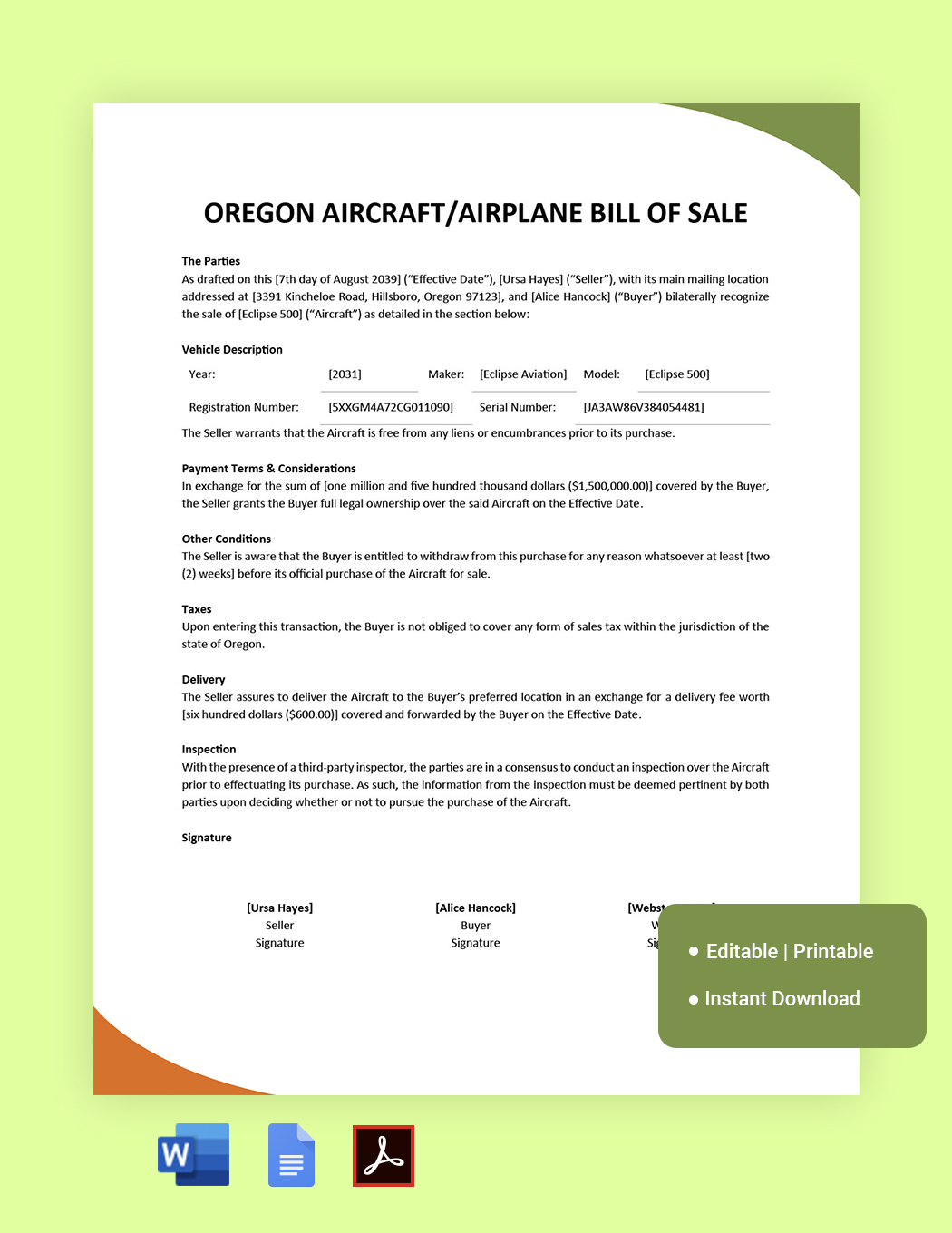 Oregon Aircraft/Airplane Bill of Sale Template - Google Docs, Word, PDF ...
