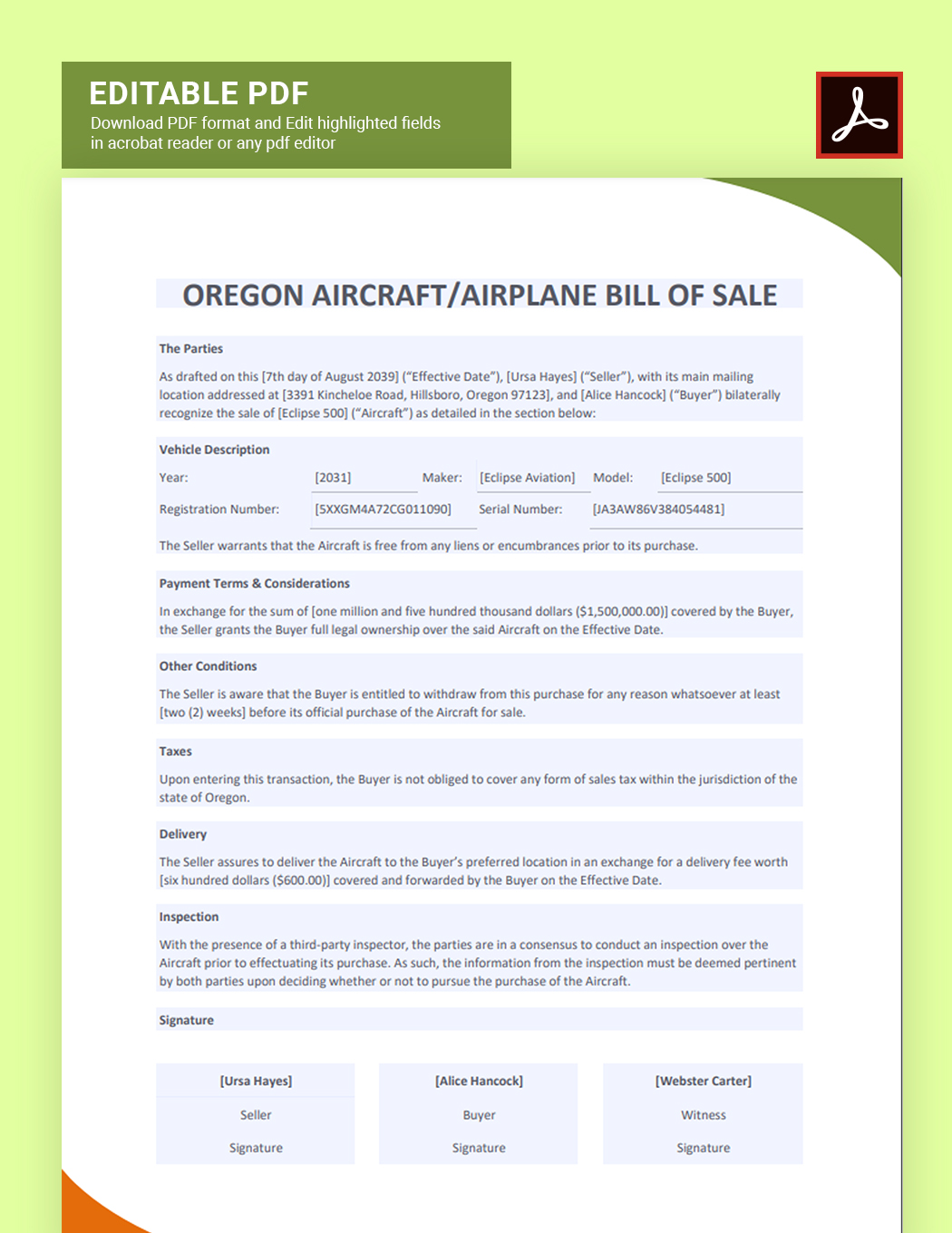 Oregon Aircraft/Airplane Bill of Sale Template - Google Docs, Word, PDF ...