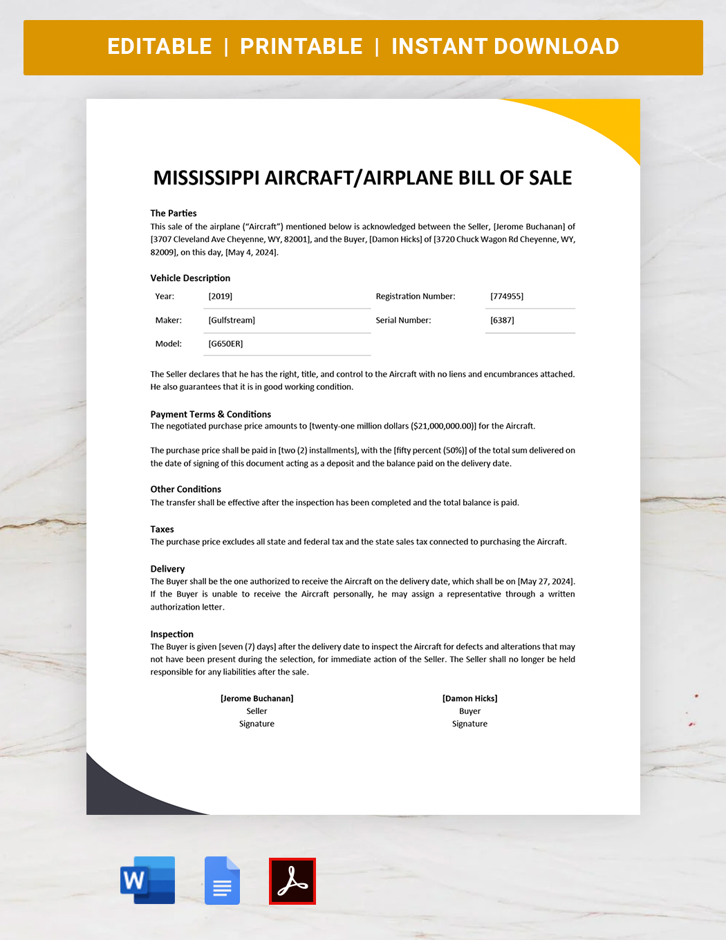 Mississippi Aircraft / Airplane Bill of Sale Template - Google Docs ...