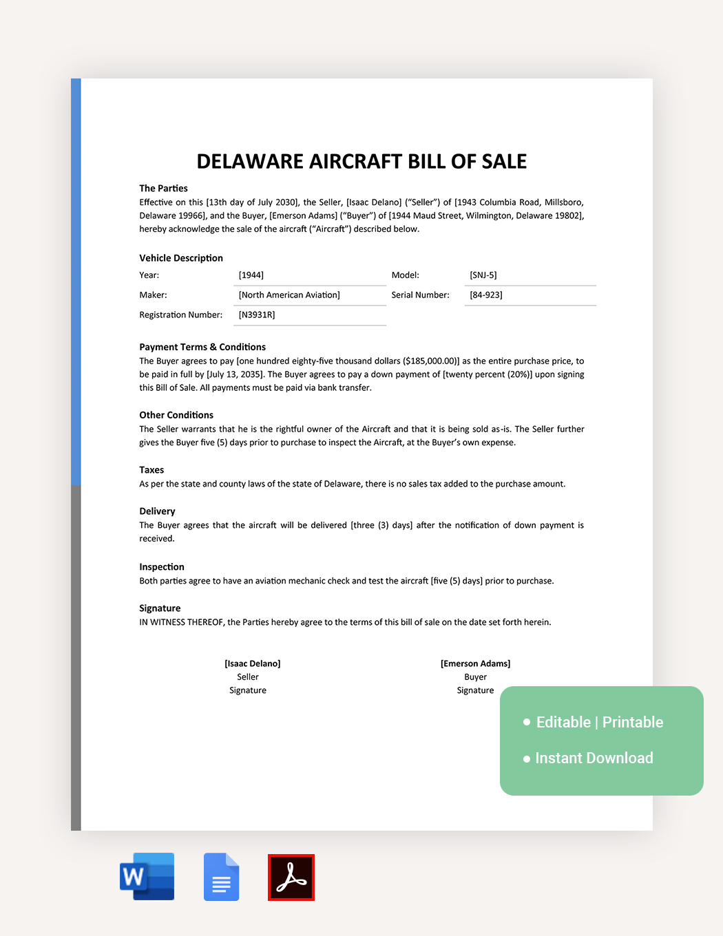 Delaware Aircraft / Airplane Bill Of Sale Template - Google Docs, Word ...