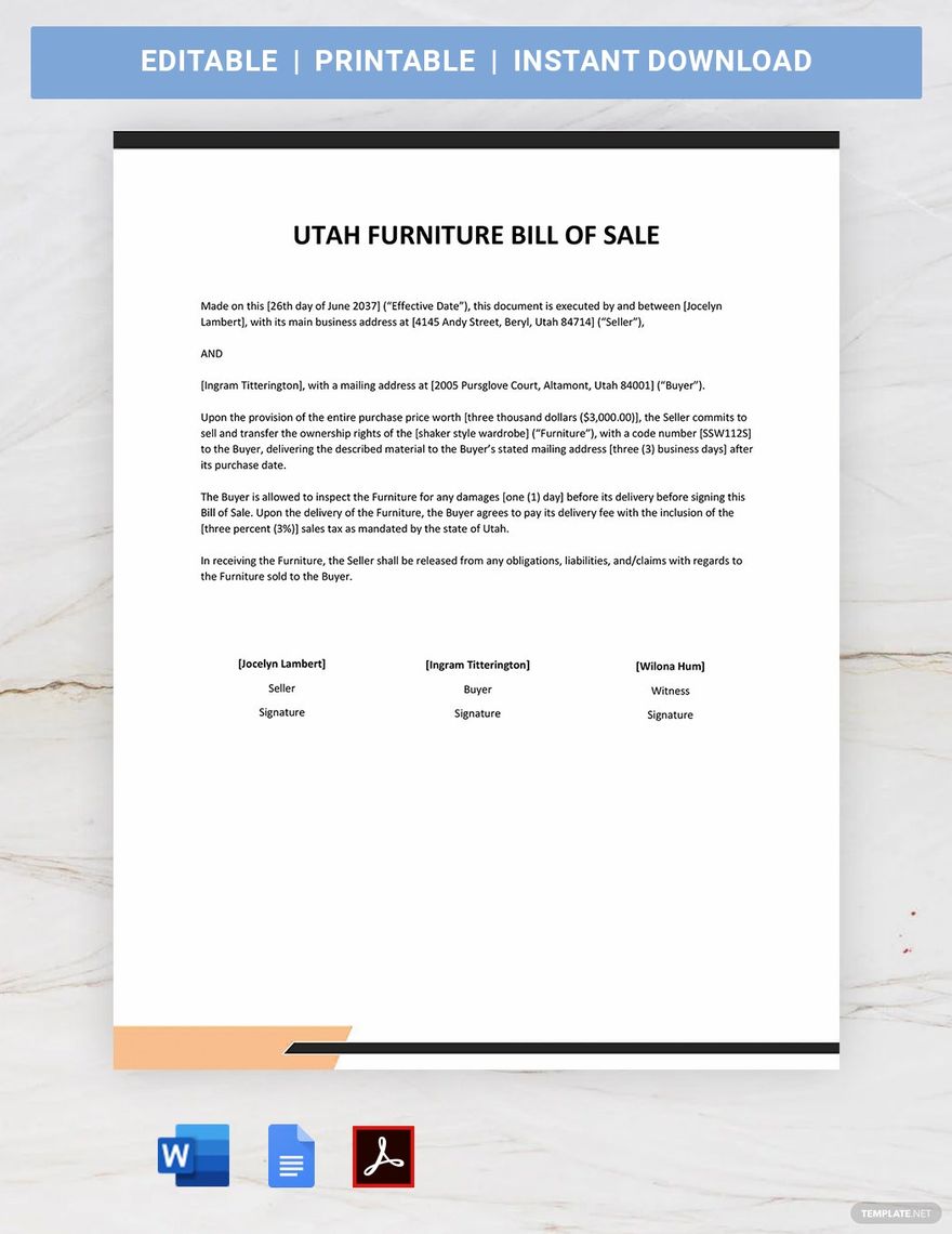 Free Utah Furniture Bill Of Sale Form Template Download In Word 