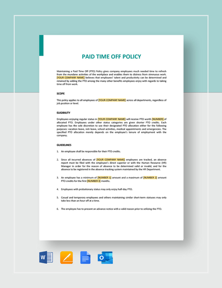Paid Time Off Policy Free PDF PTO Template Free PDF Word 