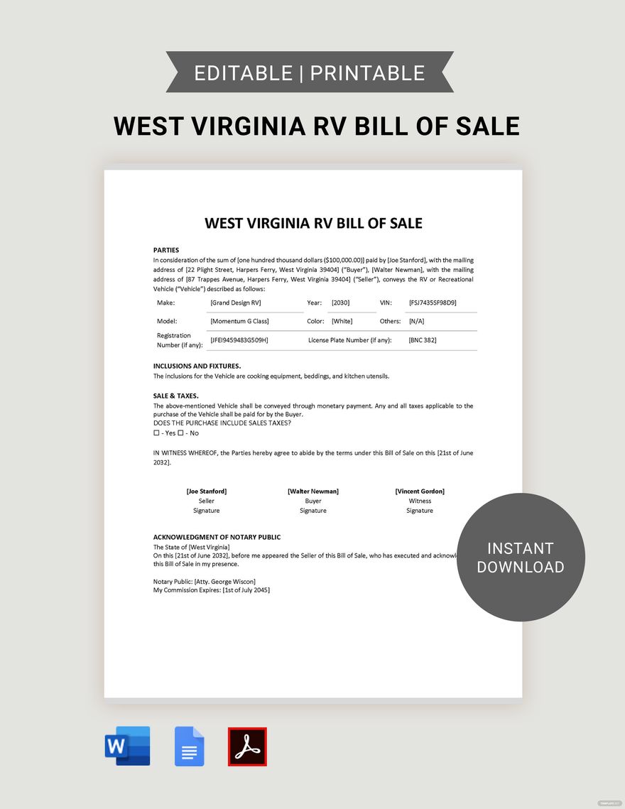 West Virginia RV Bill Of Sale Template Google Docs Word PDF Template