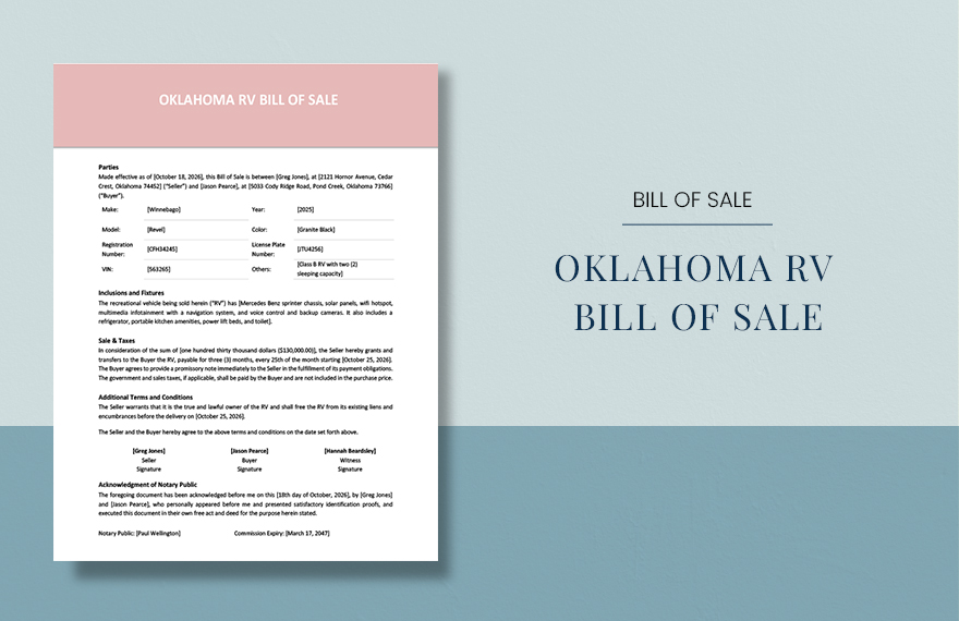 Oklahoma RV Bill Of Sale Template Download In Word Google Docs PDF 