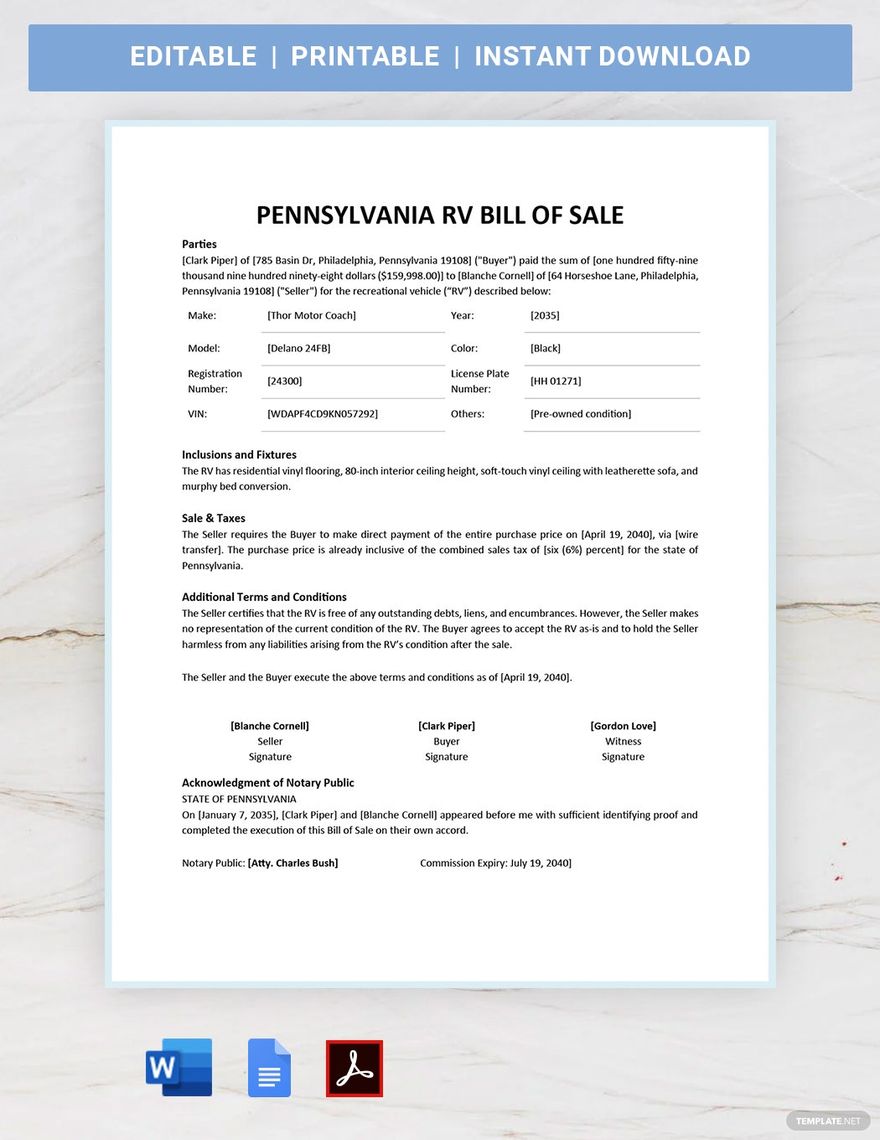 Pennsylvania RV Bill Of Sale Template Google Docs Word PDF Template
