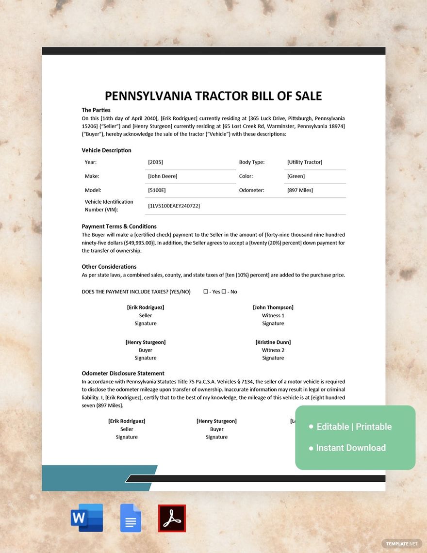 Pennsylvania Tractor Bill Of Sale Template In GDocsLink Portable Documents MS Word Download
