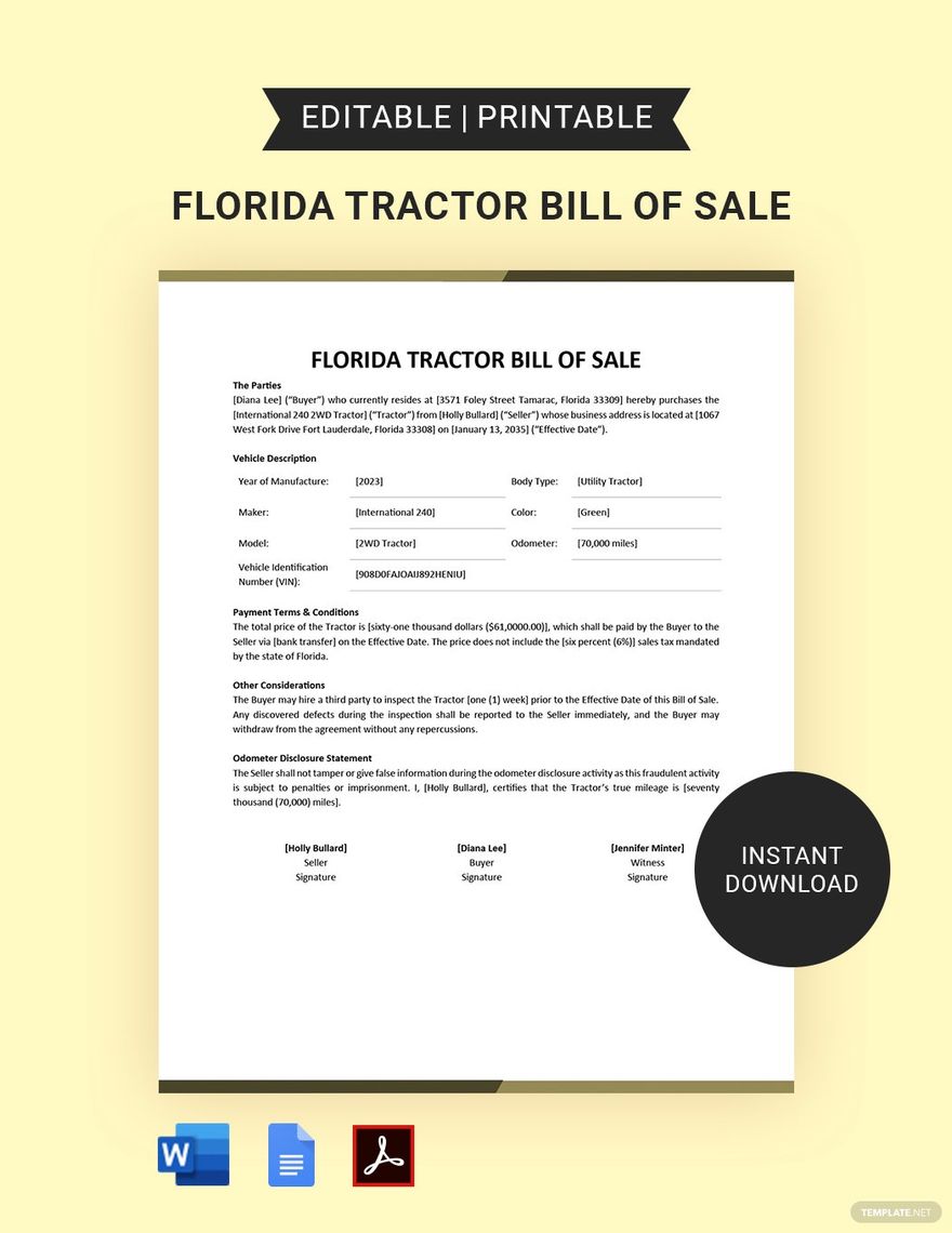 Florida Tractor Bill Of Sale Template Google Docs Word PDF 