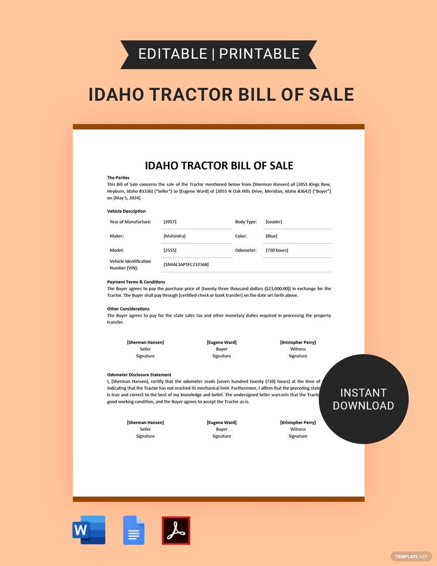 Idaho Tractor Bill Of Sale Template Google Docs Word PDF Template