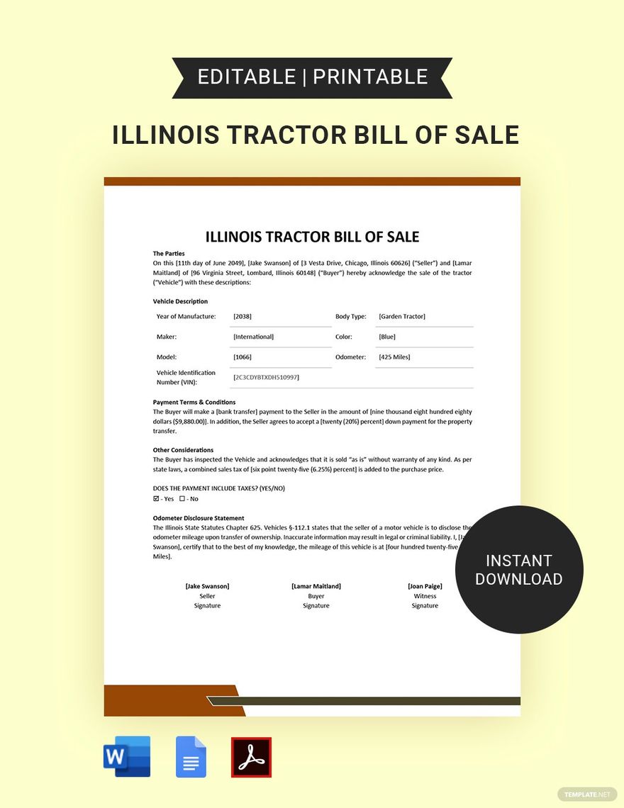 Illinois Tractor Bill Of Sale Template Google Docs Word PDF Template