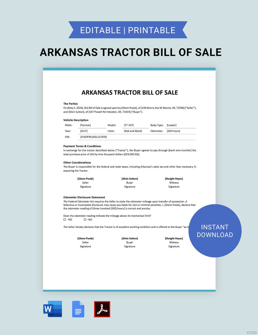 Arkansas Tractor Bill Of Sale Template Download In Word Google Docs 