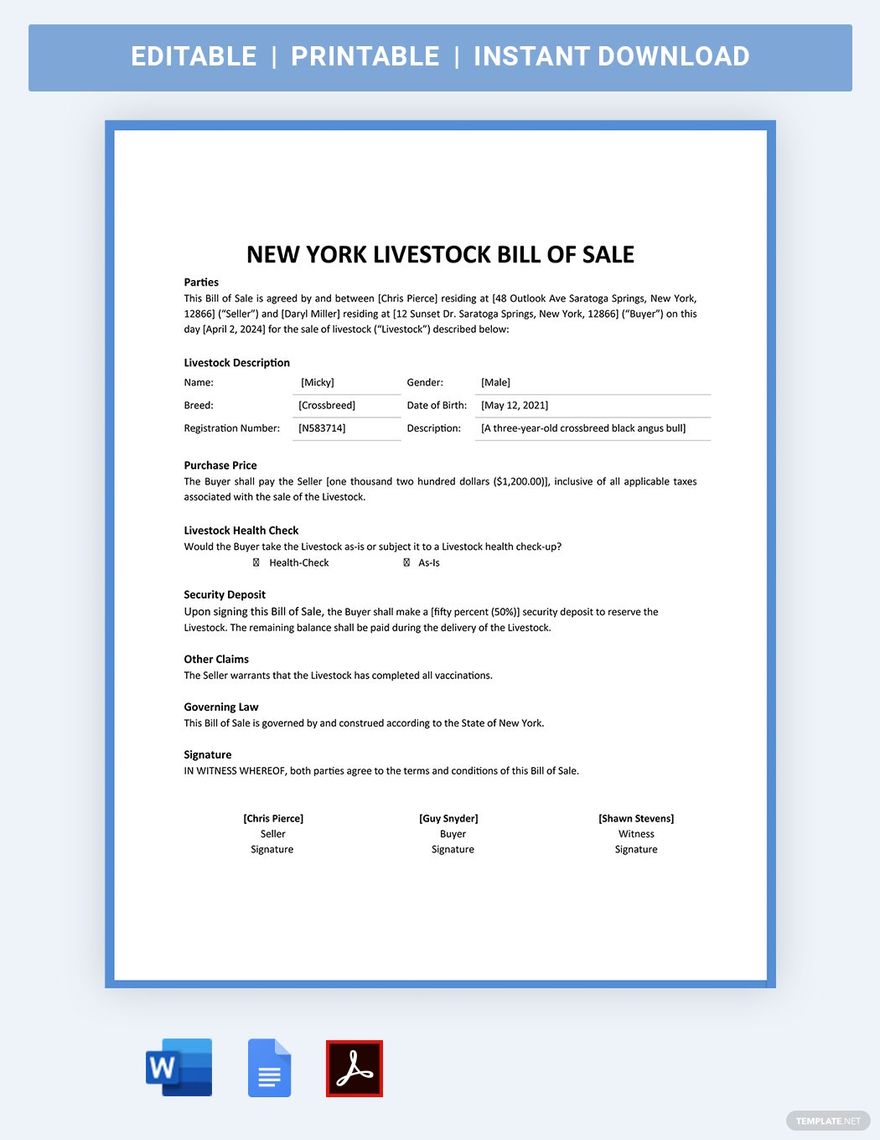 Free New York Livestock Bill Of Sale Form Template Download In Word 