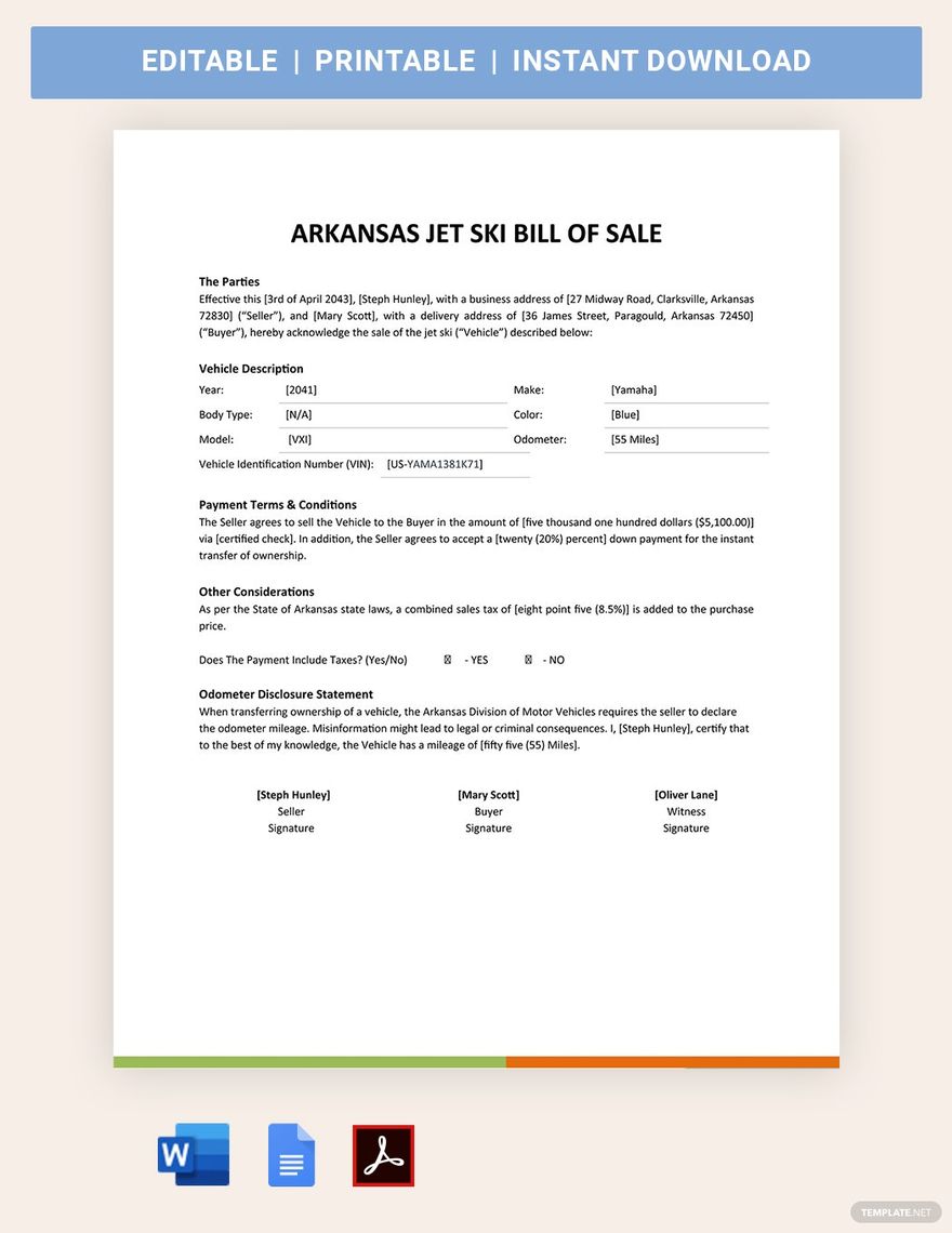 Arkansas Jet Ski Bill Of Sale Template Google Docs Word PDF 