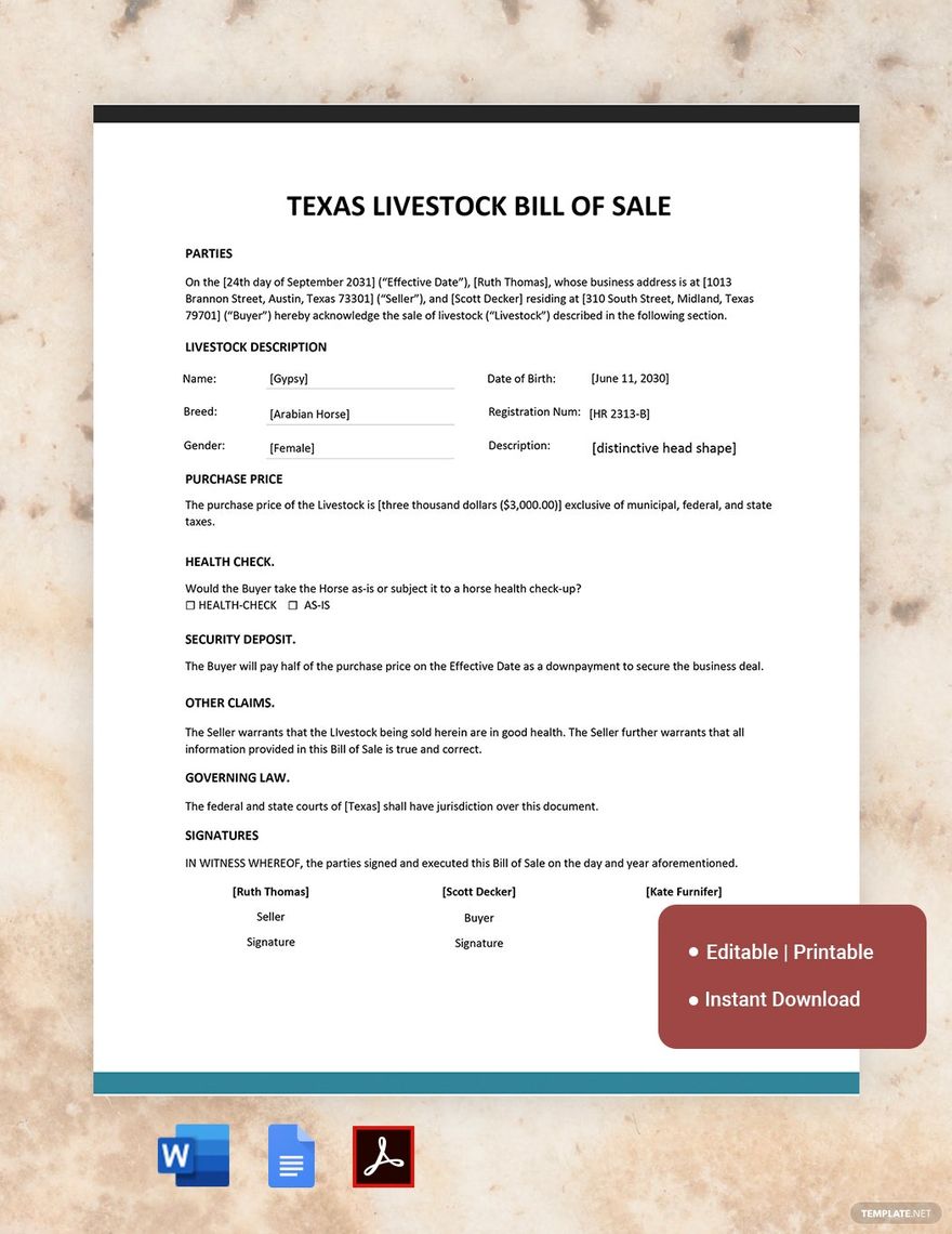 Texas Livestock Bill Of Sale Template Google Docs Word PDF 