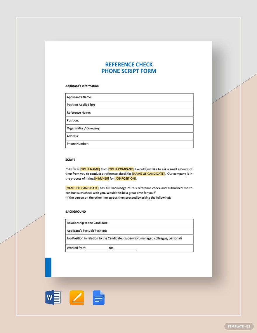 Reference Check Phone Script Template Google Docs Word Apple Pages 