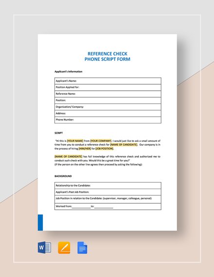 Reference Check Phone Script Form Template - Word | Apple Pages | Google Docs