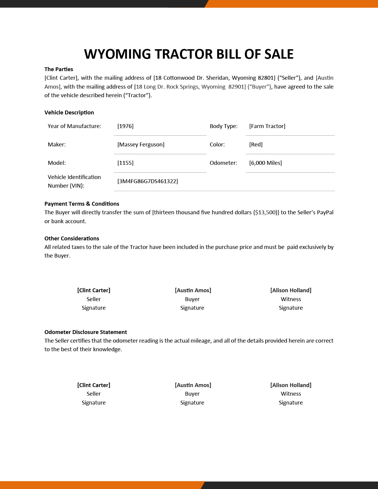 Tractor Bill Of Sale Word Templates Design Free Download Template
