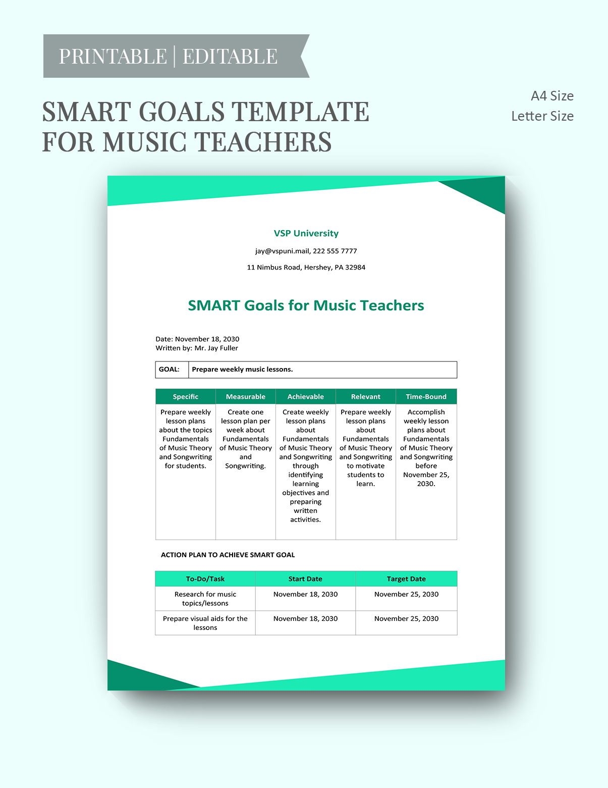 Free Smart Goals Template For Music Teachers - Google Docs, Google ...