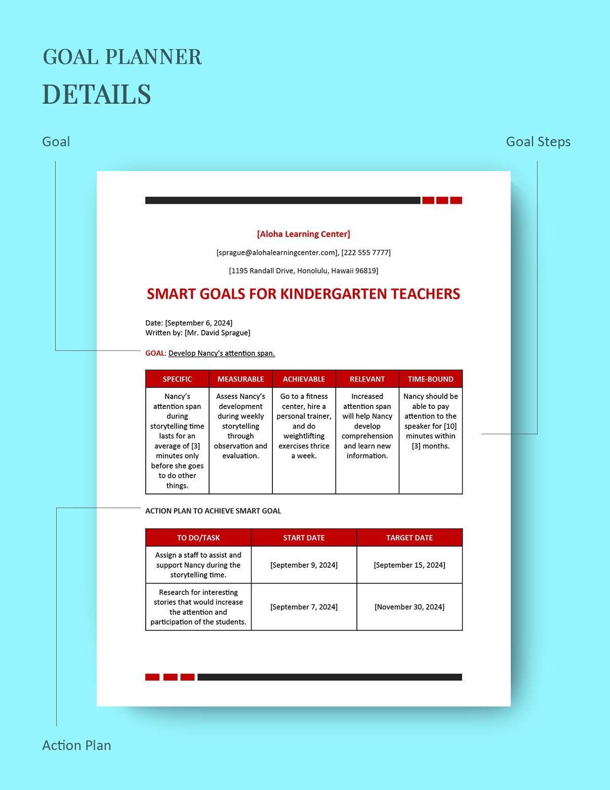 Smart Goals Template for Kindergarten Teachers - Google Docs, Google ...