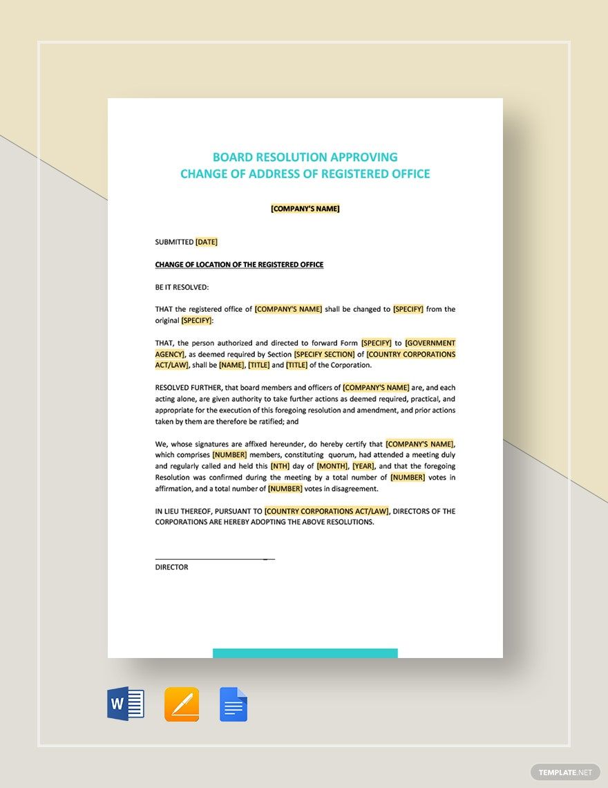 Board Resolution Approving Change Of Address Of Registered Office 