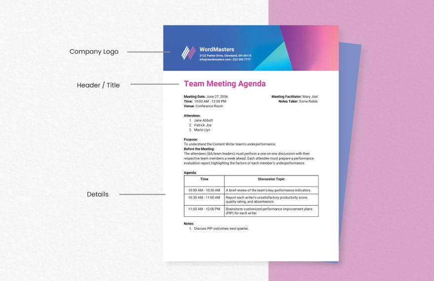 Team Meeting Agenda Template - Google Docs, Excel, Word, Apple Pages ...