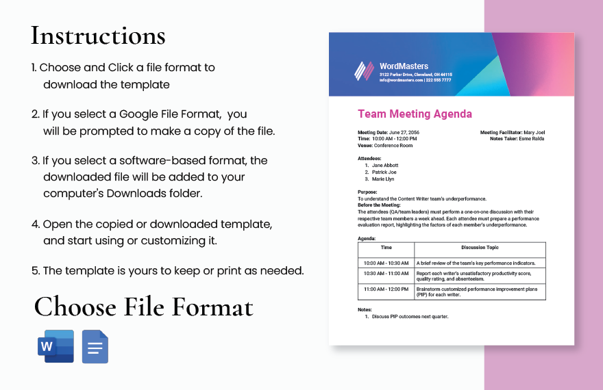 Team Meeting Agenda Template - Google Docs, Excel, Word, Apple Pages ...