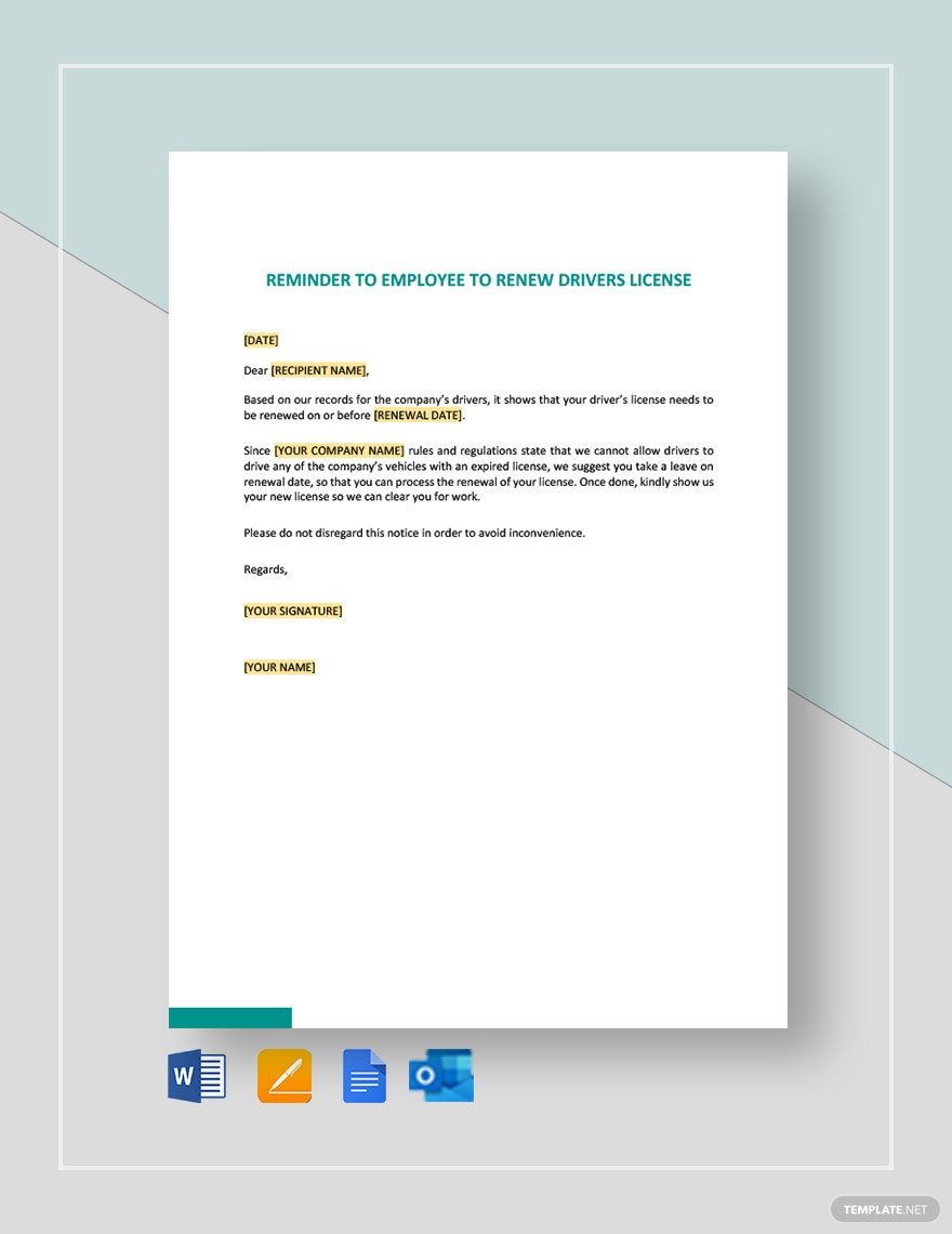 Free Reminder To Employee To Renew Drivers License Template Google 