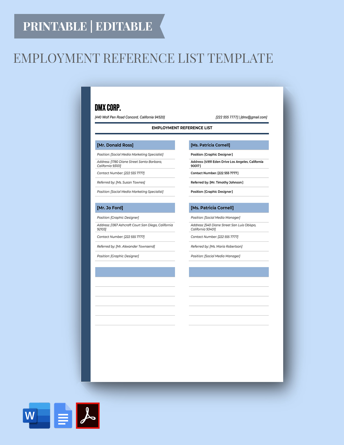Employment Reference List Template Google Docs Word PDF Template