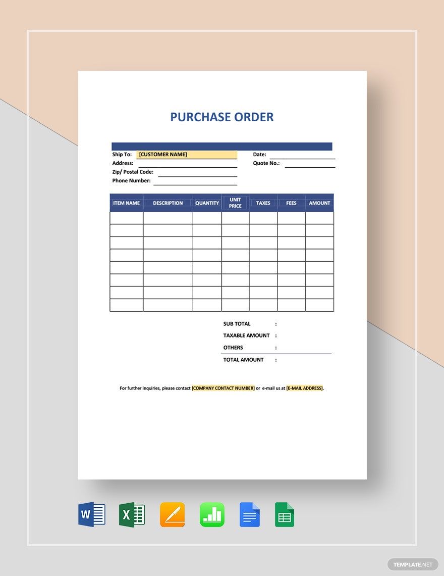 Purchase Order Template In Excel Word Pages Numbers Google Docs
