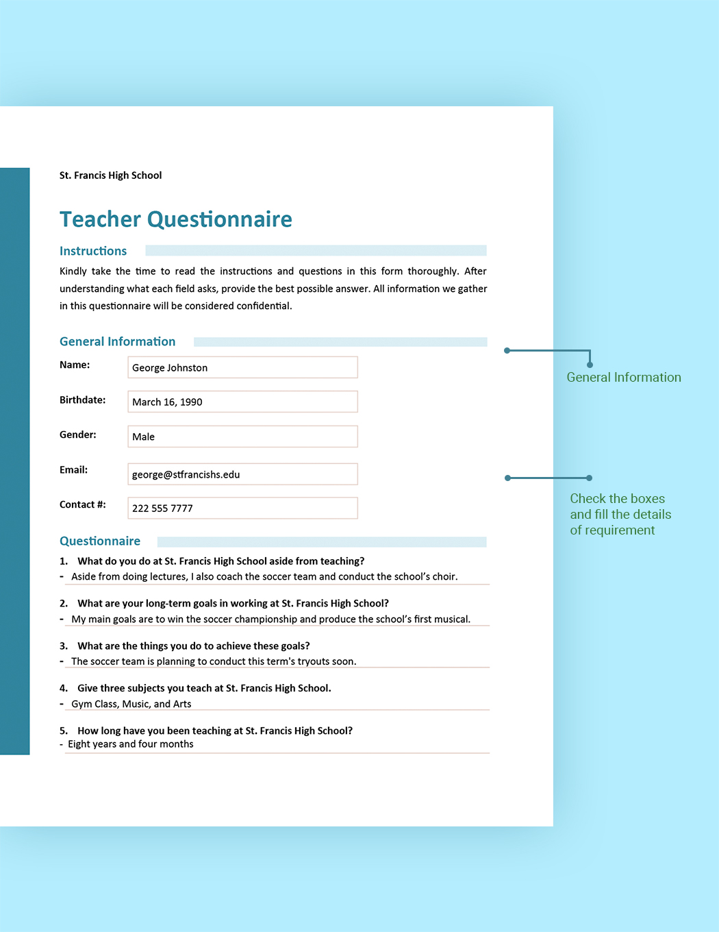 Teacher Questionnaire - Google Docs, Google Sheets, Excel, Word, PDF ...