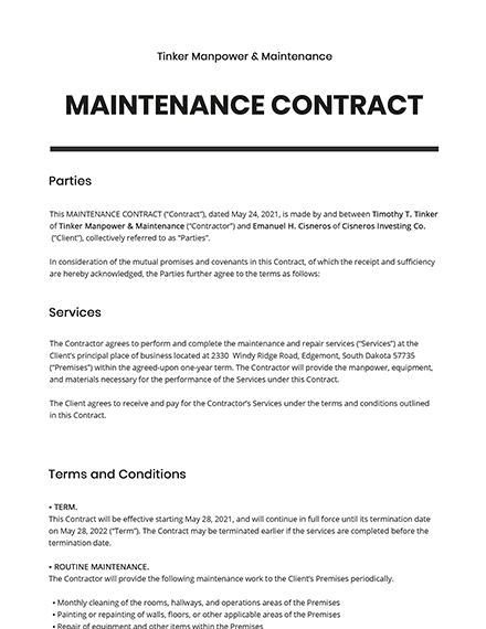 Maintenance Contract Template Google Docs Word Apple Pages PDF 