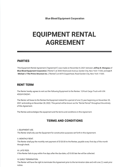 Equipment Rental Agreement Template Google Docs Word Apple Pages 