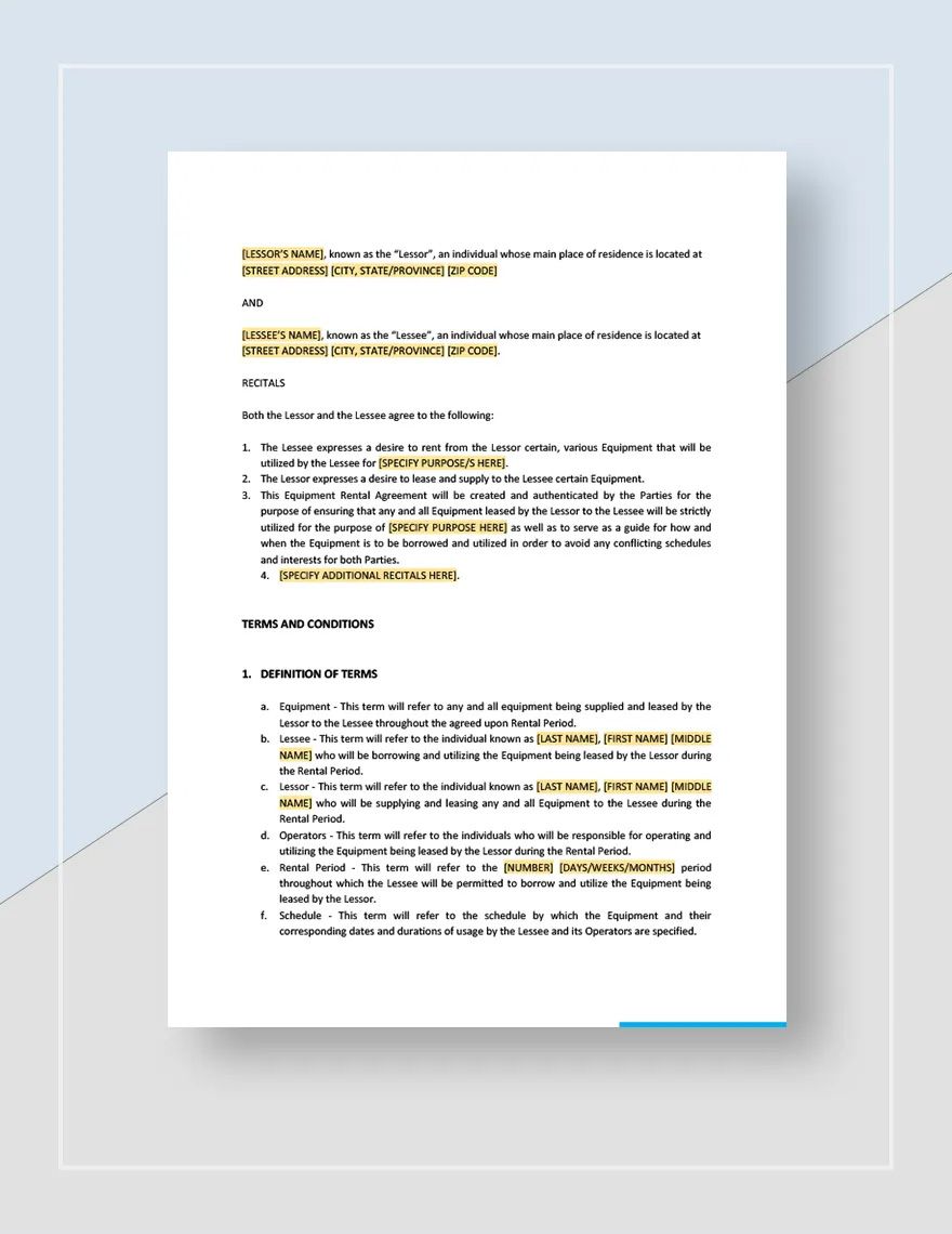 Equipment Rental Agreement Template - Google Docs, Word, Apple Pages ...