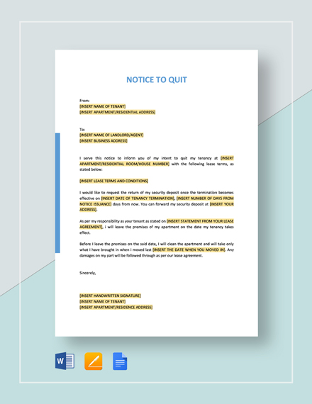 8+ Sample Notice to Quit Templates - PDF, Google Docs, MS Word, Apple Pages