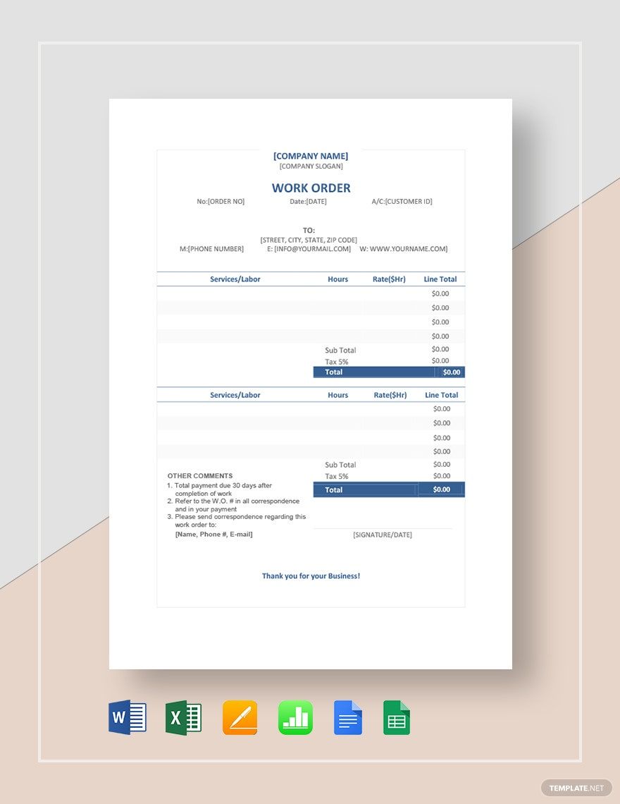 Transport Work Order Template - Google Docs, Google Sheets, Excel, Word, Apple Numbers, Apple ...
