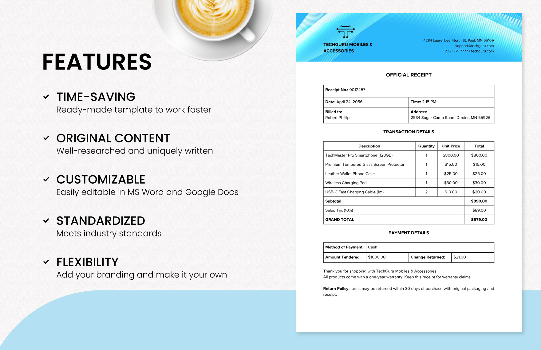 Official Receipt Template - Download in Word, Google Docs, Excel, PDF ...