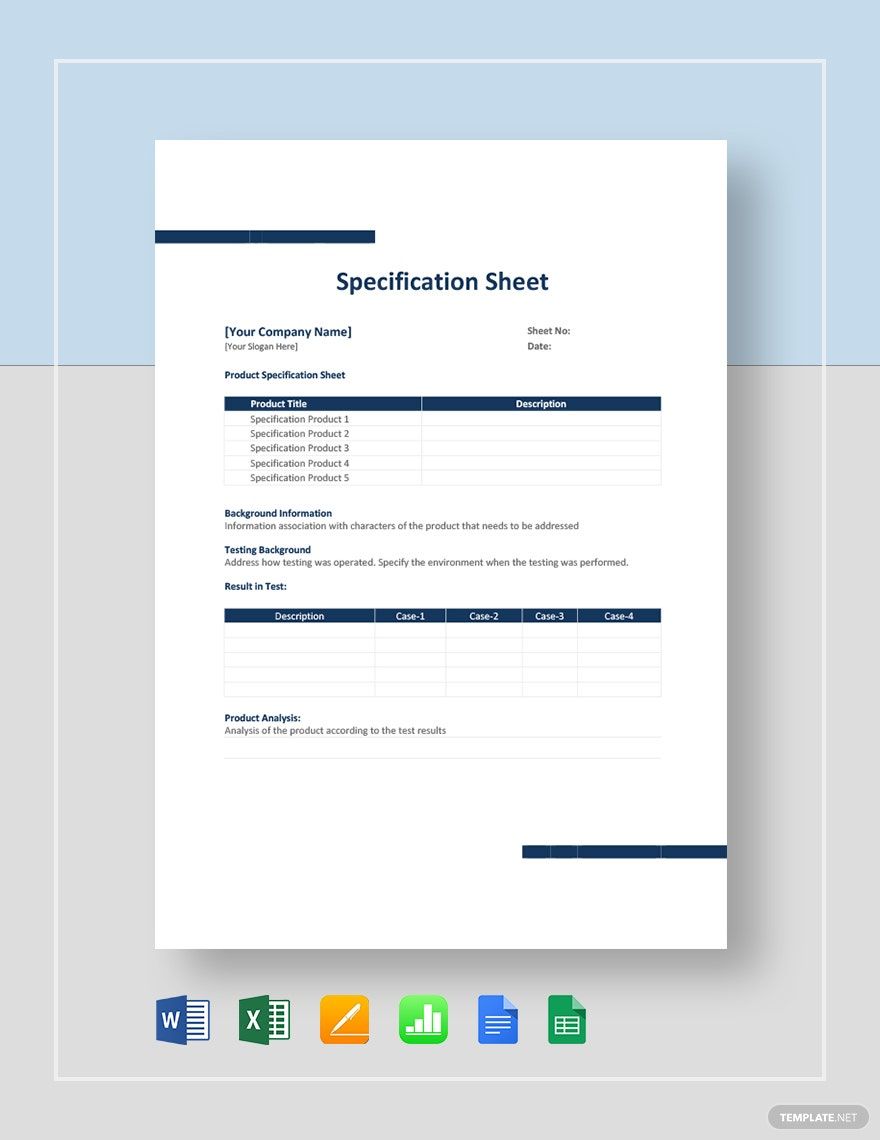 Specification Sheet Template Google Docs Google Sheets Excel Word 
