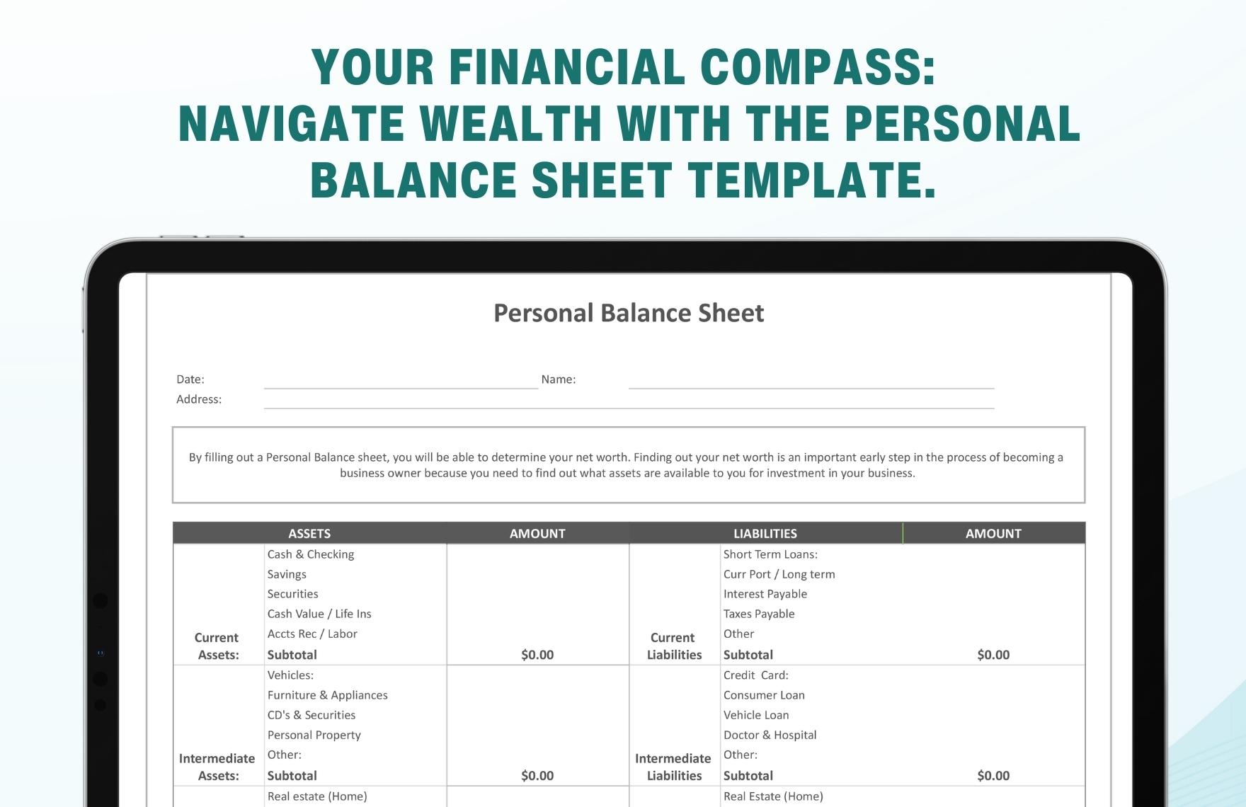 Personal Balance Sheet Template in GDocsLink, Pages, MS Word, Numbers ...