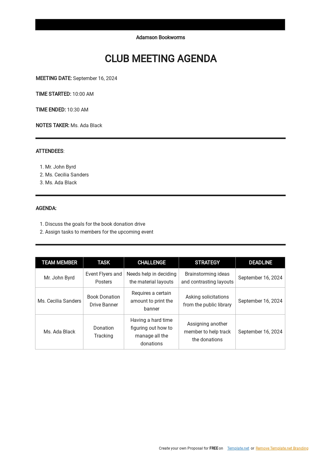 Club Meeting Agenda Template Google Docs Word Template