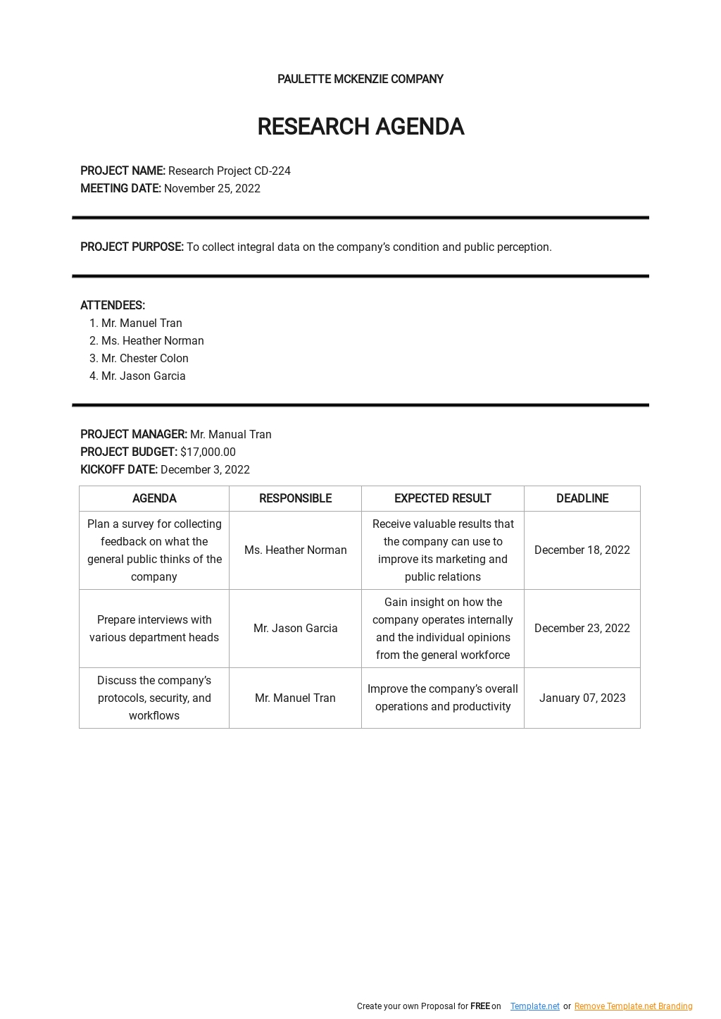 Research Agenda Template Template