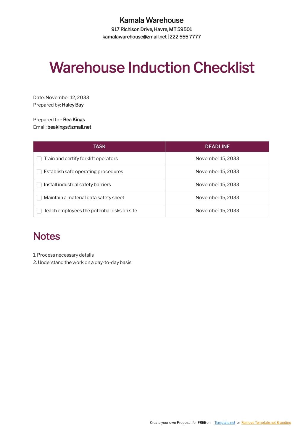 Warehouse Induction Checklist Template Word Google Docs Apple Pages Template