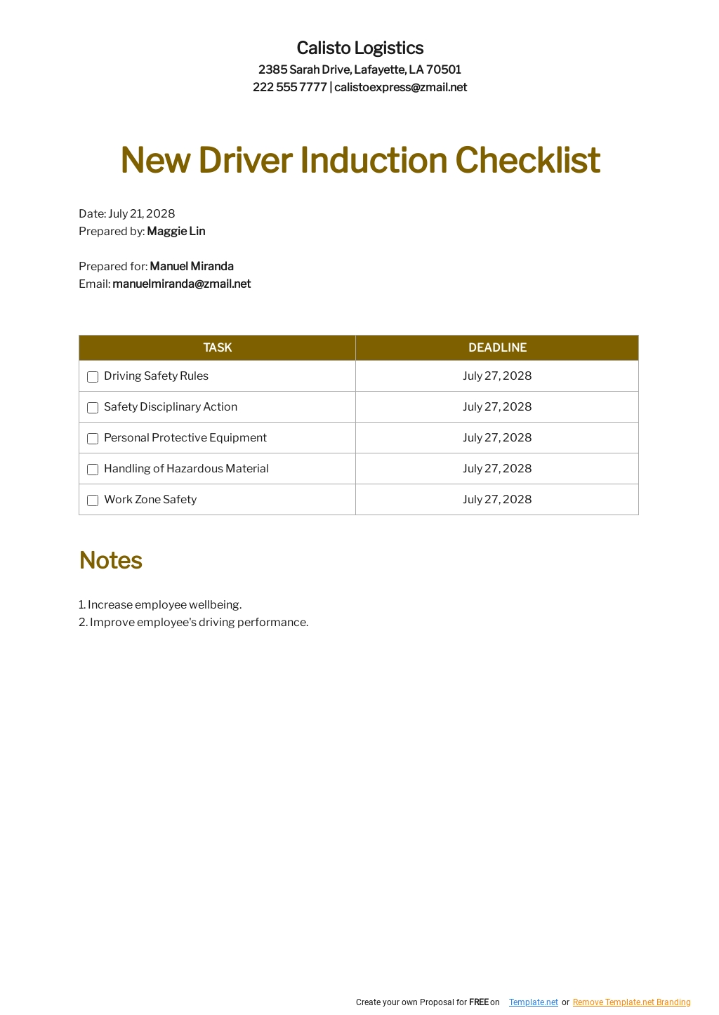 New Driver Induction Checklist Template Google Docs Word Apple Pages Template