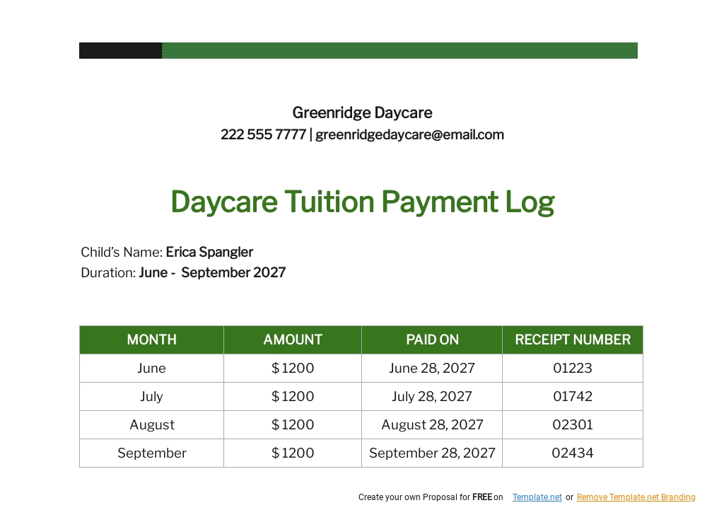 Daycare Tuition Payments Log Template Template