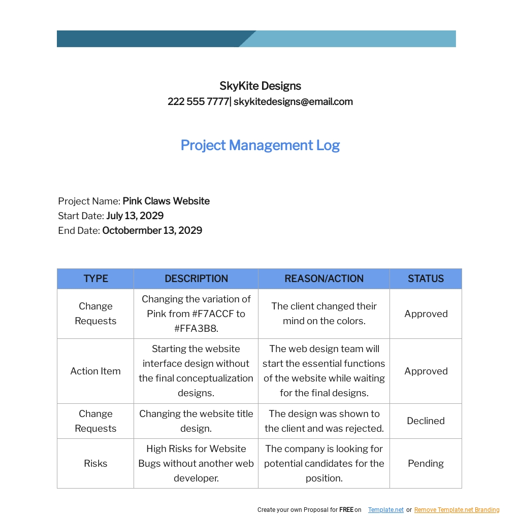 Project Management Log Template Template