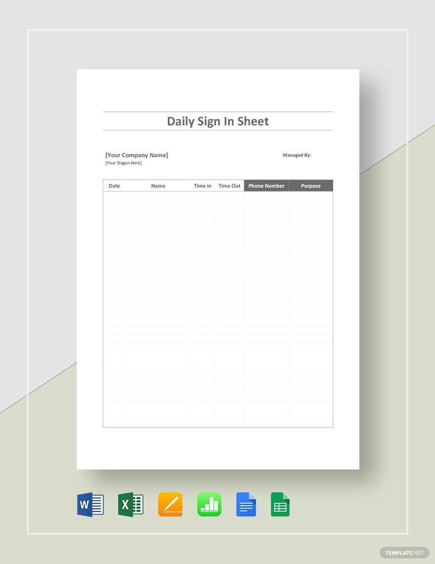Daily Sign In Sheet Template Google Docs Google Sheets Excel Word Apple Numbers Apple 