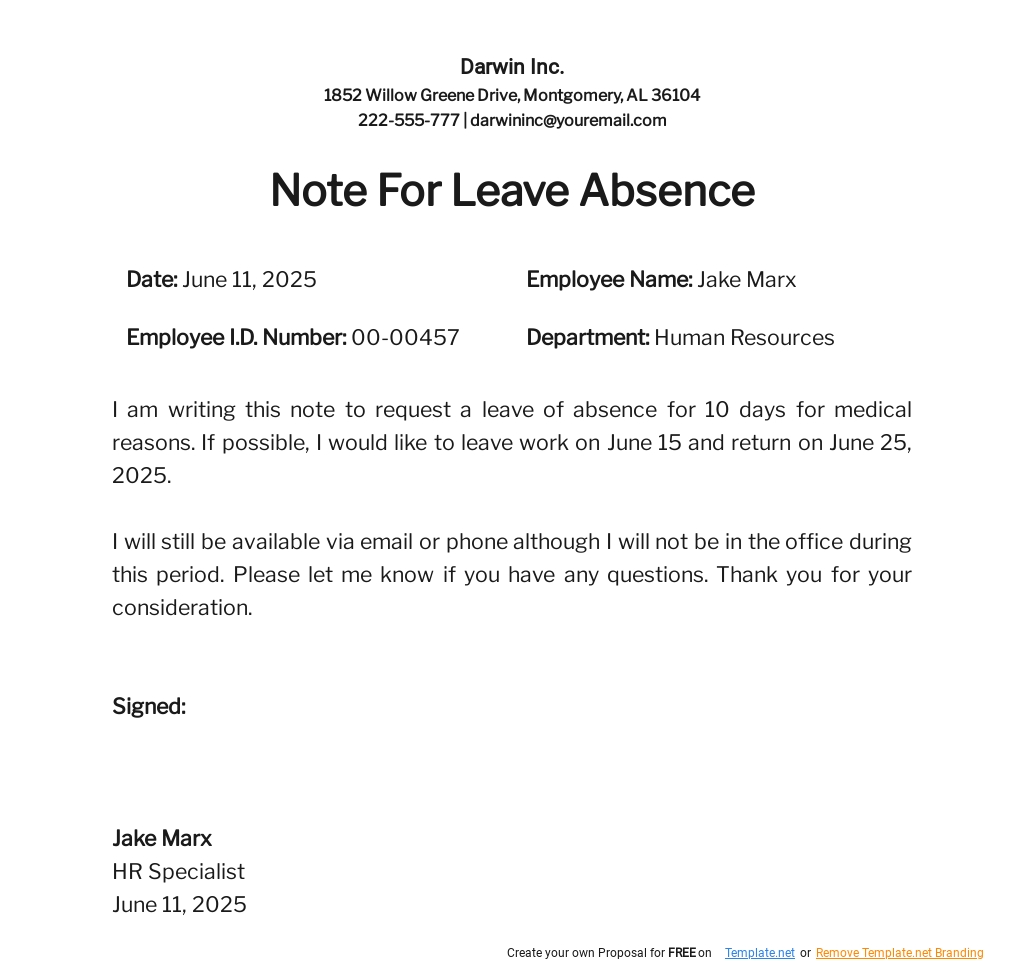 Free Note For Leave Of Absence Template Download In Word Google Docs 