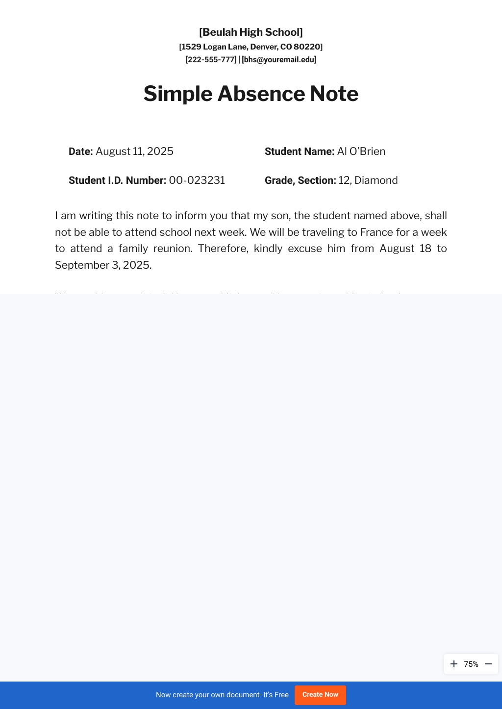 Leave of Absence Letter for Family Reasons - Download in Word, Google ...