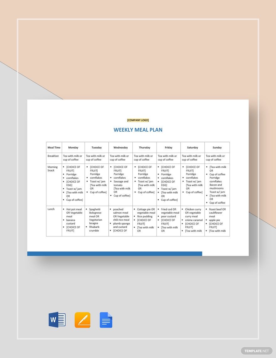 Meal Plan Template Google Docs Word Apple Pages Template
